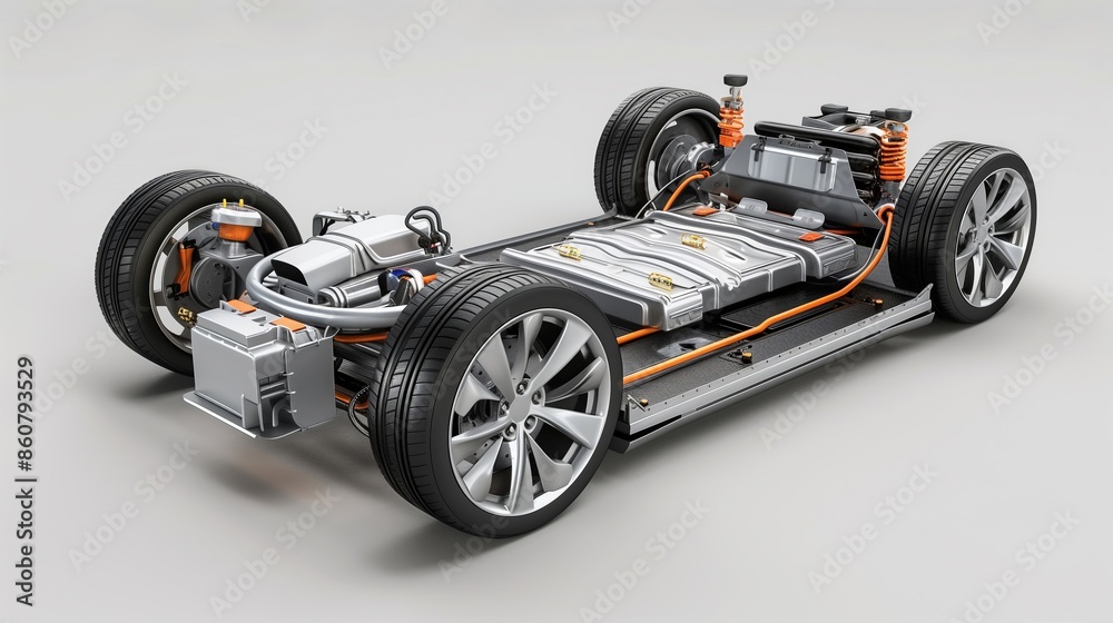 Detailed view of an electric car chassis featuring battery pack, motors ...