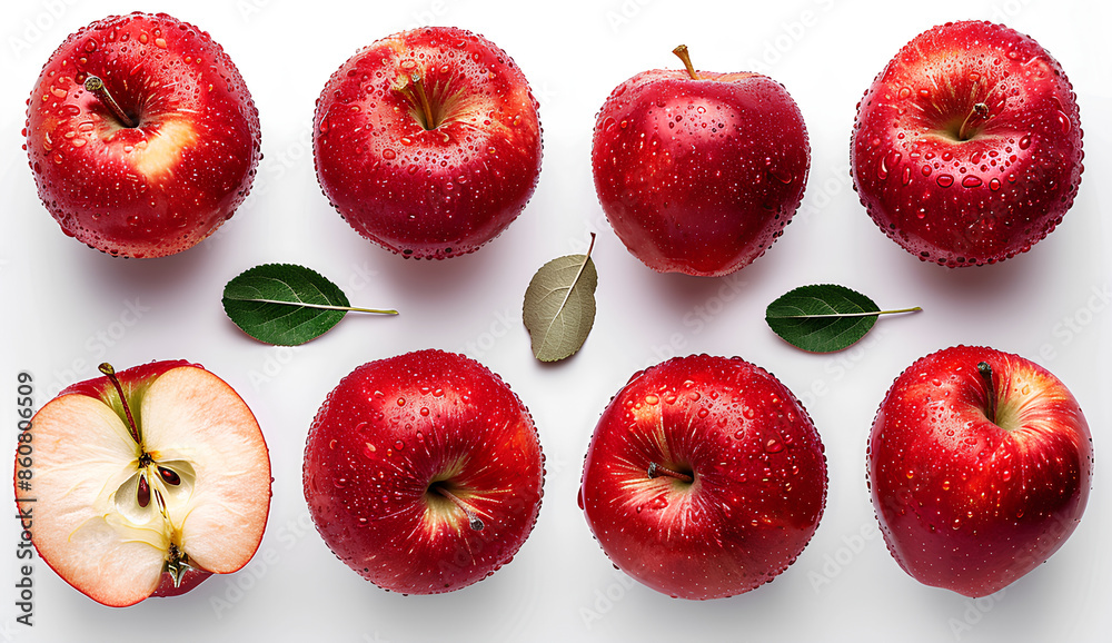 Red apple apples, many angles and view side top sliced halved cut isolated on transparent ...