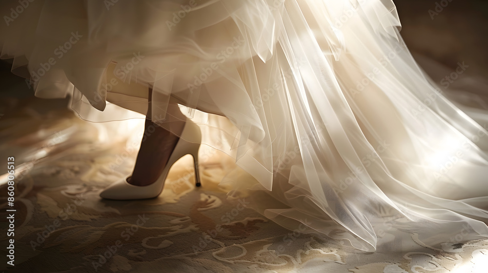 The focus is on the brides feet clad in sophisticated ivory wedding ...