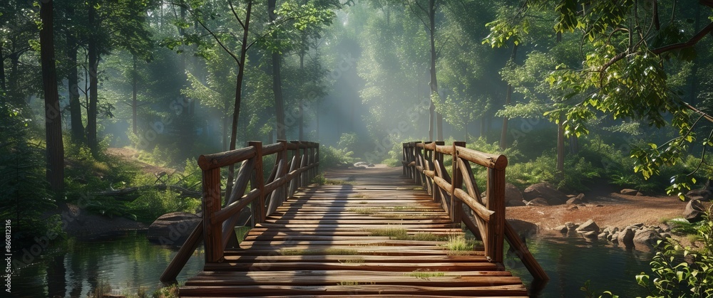 Wooden bridge in tranquil forest setting, balancing human ingenuity ...