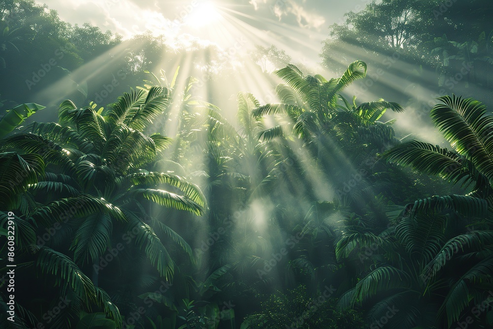 Tropical rainforest with sunlight and lens flare effect, Nature ...
