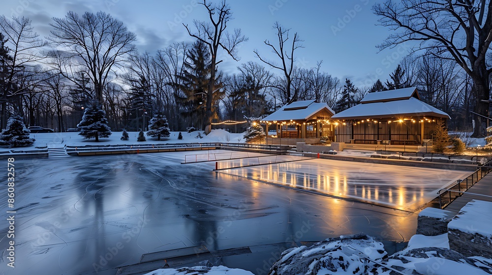 serene pond-side ice skating rink integrated into the landscape of a ...