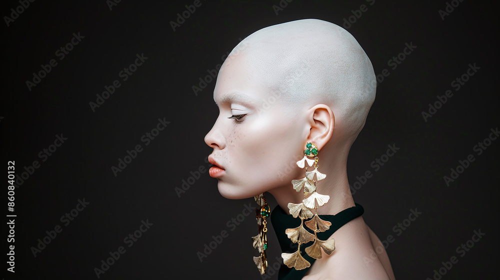professional studio photography of an albino supermodel woman with bald ...