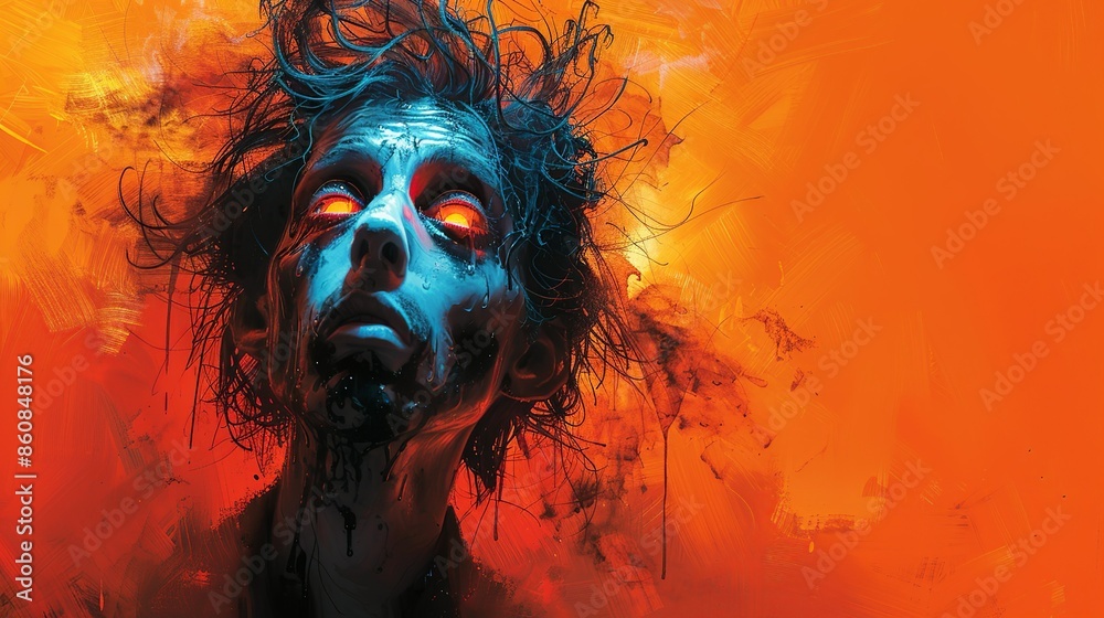 A psychotic character, with wild hair and a crazed expression, depicted ...