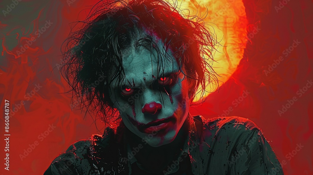 A psychotic character, with wild hair and a crazed expression, depicted ...