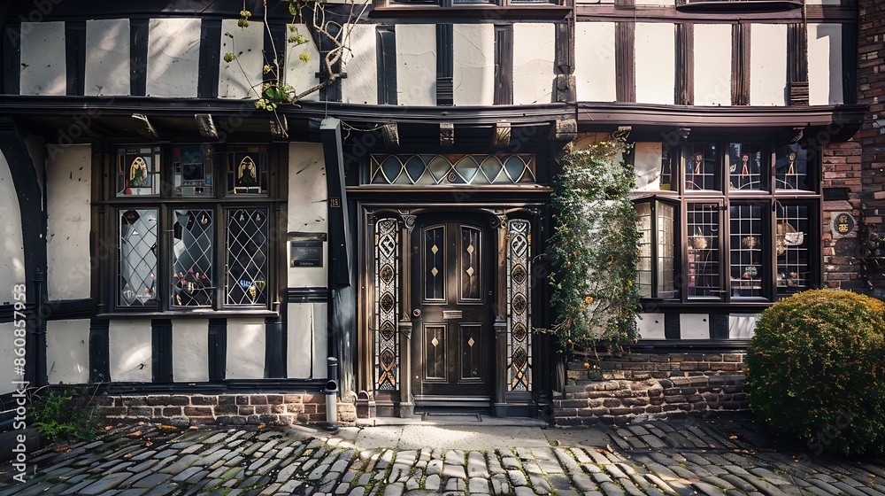 traditional Tudor entryway with a mulberry door, set against half ...