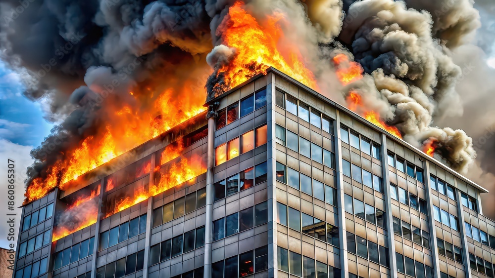 Office building on fire with flames and smoke billowing out , office ...
