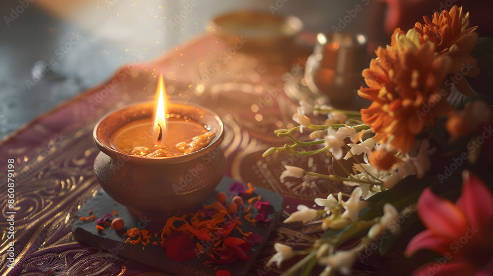 Indian devotional or puja material and objects Ghee lamp fresh flowers ...