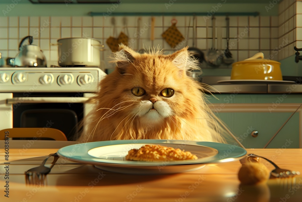 Persian Cat Intently Observing Crispy Fried Fish on Plate in Vintage ...