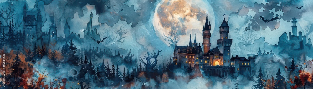 Haunted castle with spectral mists and full moon, Halloween theme ...