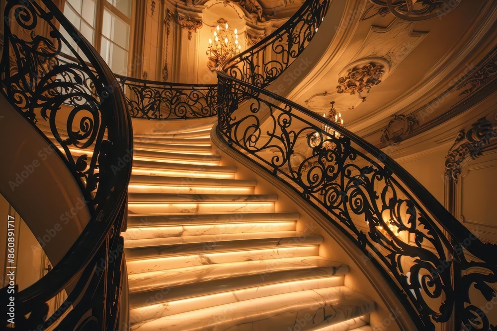 grand spiral staircase ornate wrought iron railings marble steps dramatic lighting architectural ...