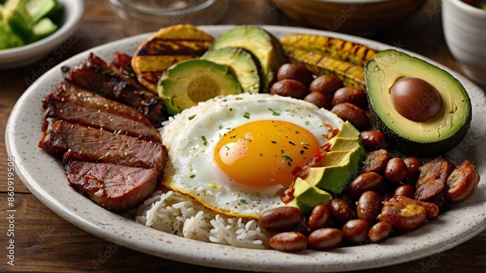 Colombian food. Bandeja paisa, typical dish at the Antioquia region of ...