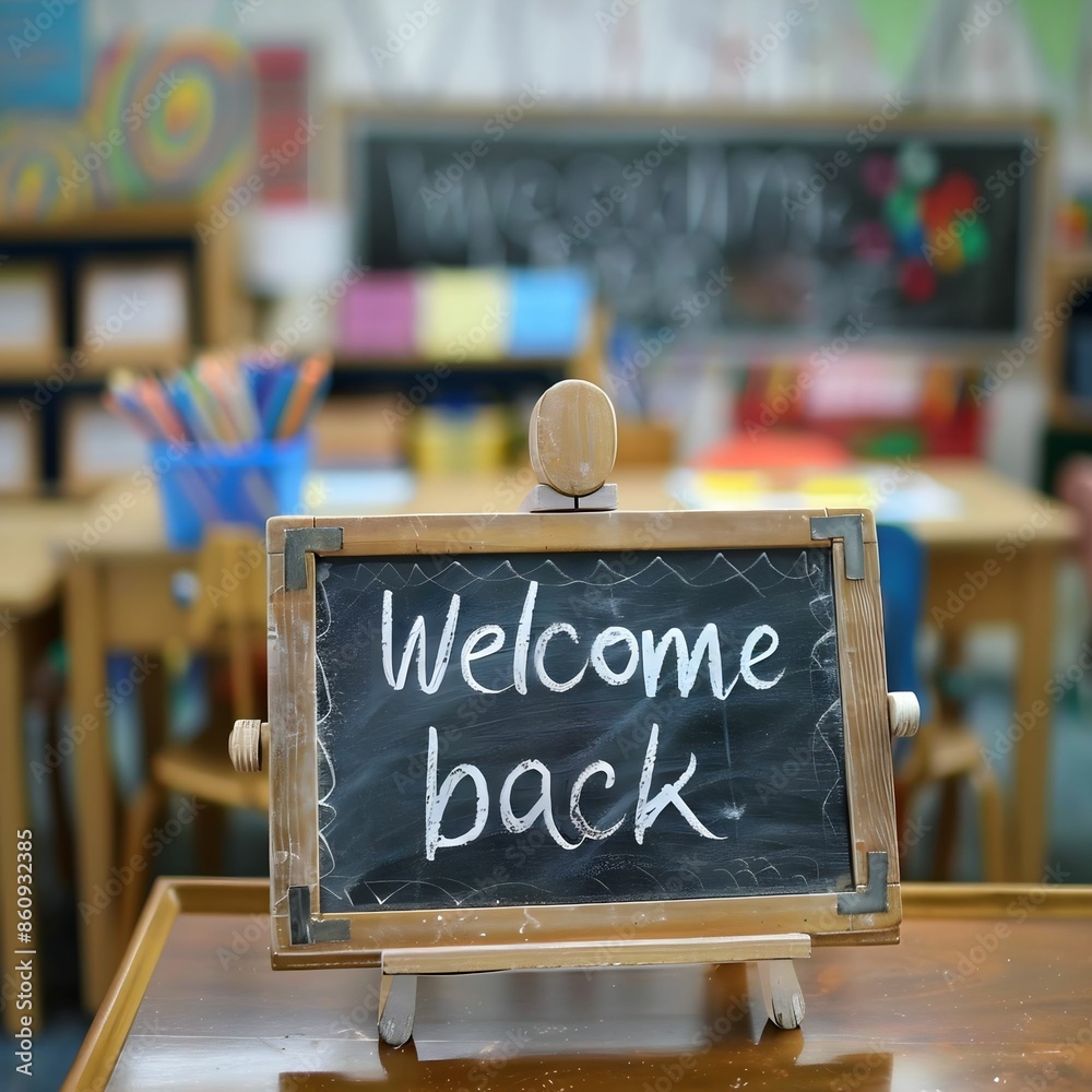 Welcome back is written on a chalkboard inside of a school classroom ...