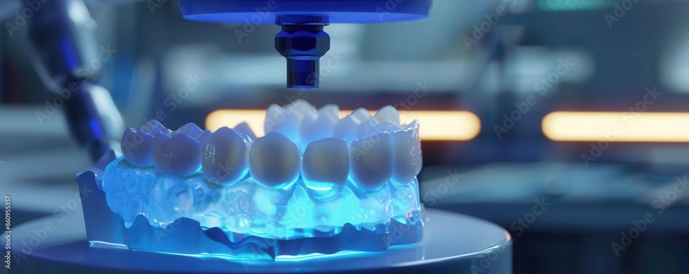 Biomaterial dental crown being 3D printed, realistic render, hightech ...