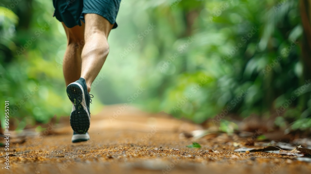 Runner's legs on a forest path surrounded by lush greenery, capturing ...
