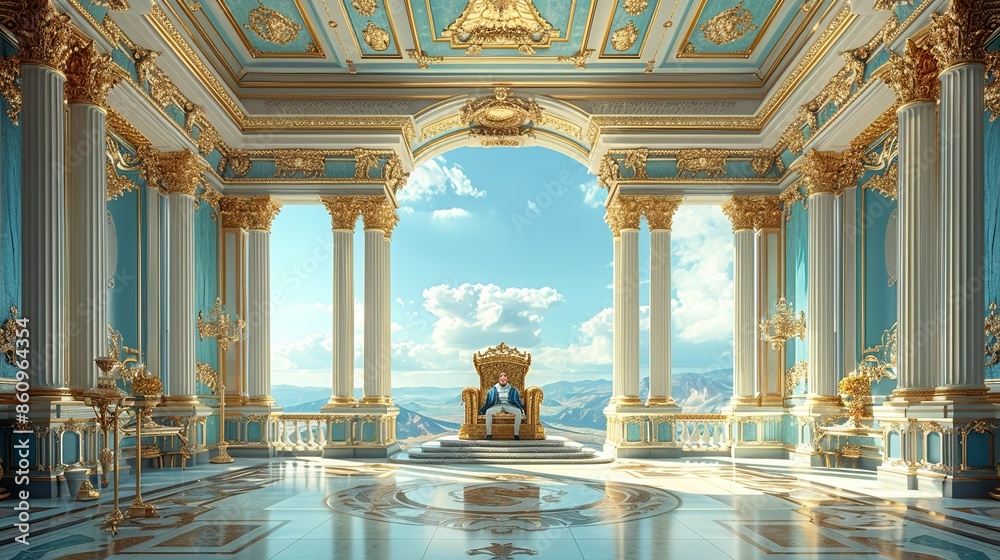 Regal king seated on a golden throne in a grand hall, surrounded by ...