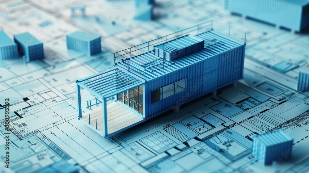 Building blueprint plans overlaid with a detailed cargo container model ...