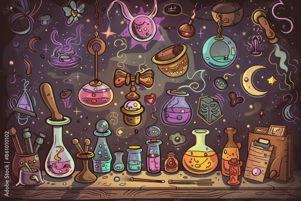 Cartoon cute doodles of a wizard's laboratory filled with bubbling ...