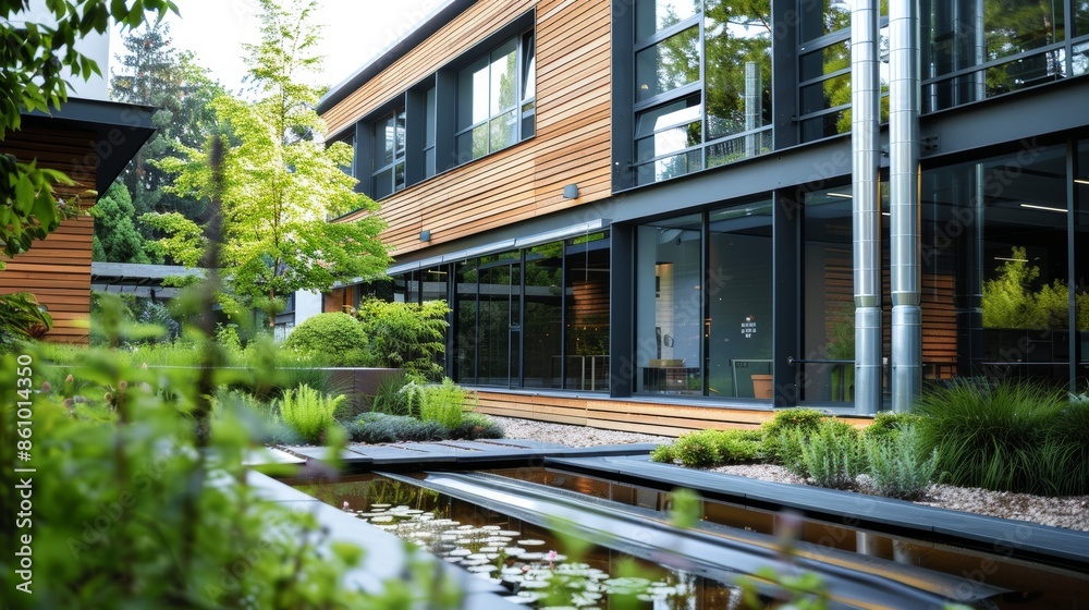 Modern back office building with rainwater harvesting infrastructure ...