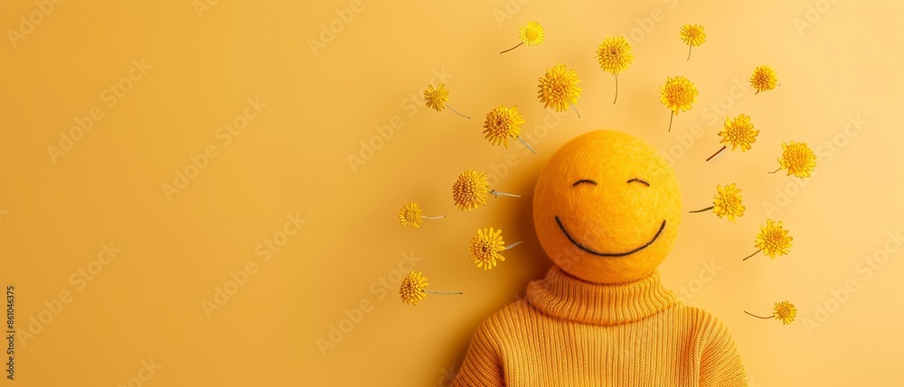 Yellow smiley face in a cozy sweater surrounded by flowers on a vibrant ...