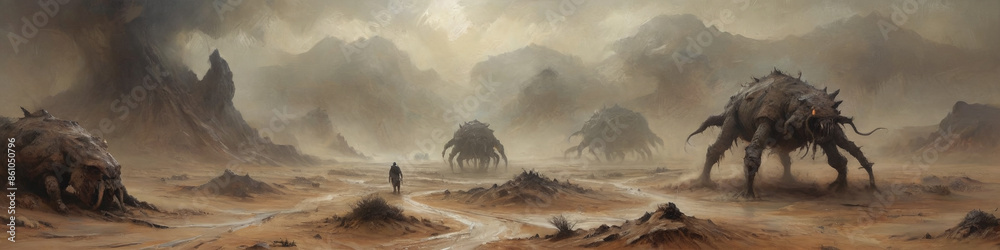 A desolate terrain with giant, grotesque creatures navigating through a ...
