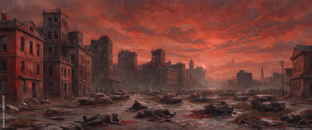 A desolate urban landscape overrun by zombies, with abandoned buildings ...