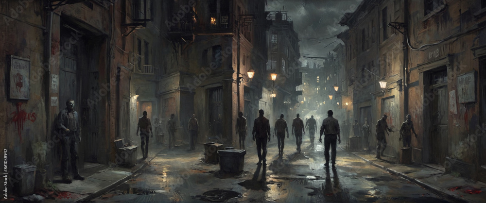 A dark alley with zombies creeping through the shadows, under ...