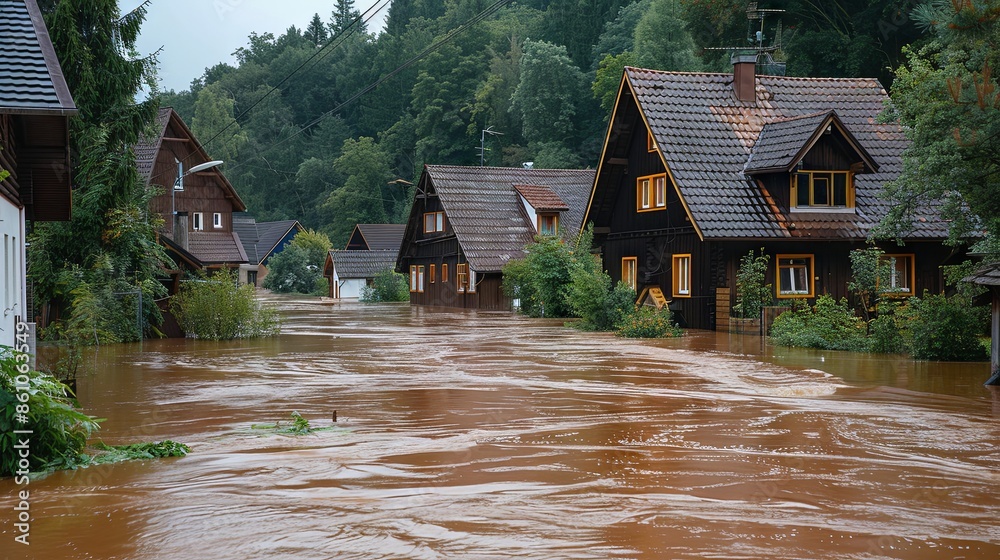 Стокова ілюстрація Homes inundated with water due to flooding after ...