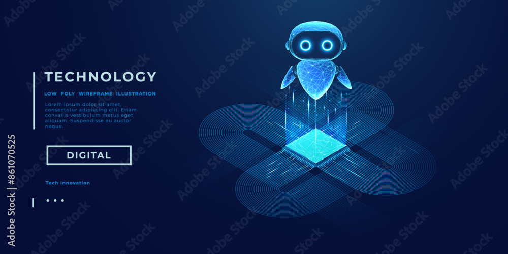 3D vector AI robot consists of wireframe polygons and connected dots on a technology blue ...