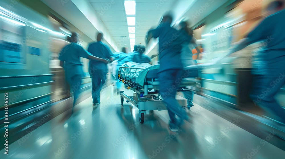 Medical team rushing patient on gurney through hospital corridor to ...