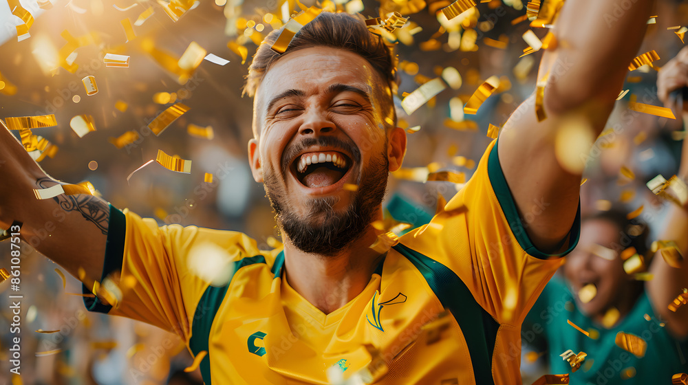 Winner! Portrait of a happy male soccer sport player in yellow jersey ...