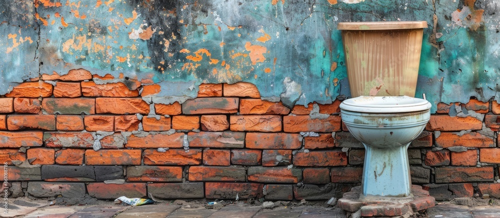 Simple village rural plastic toilet bowl in a brick shed. Copy space ...