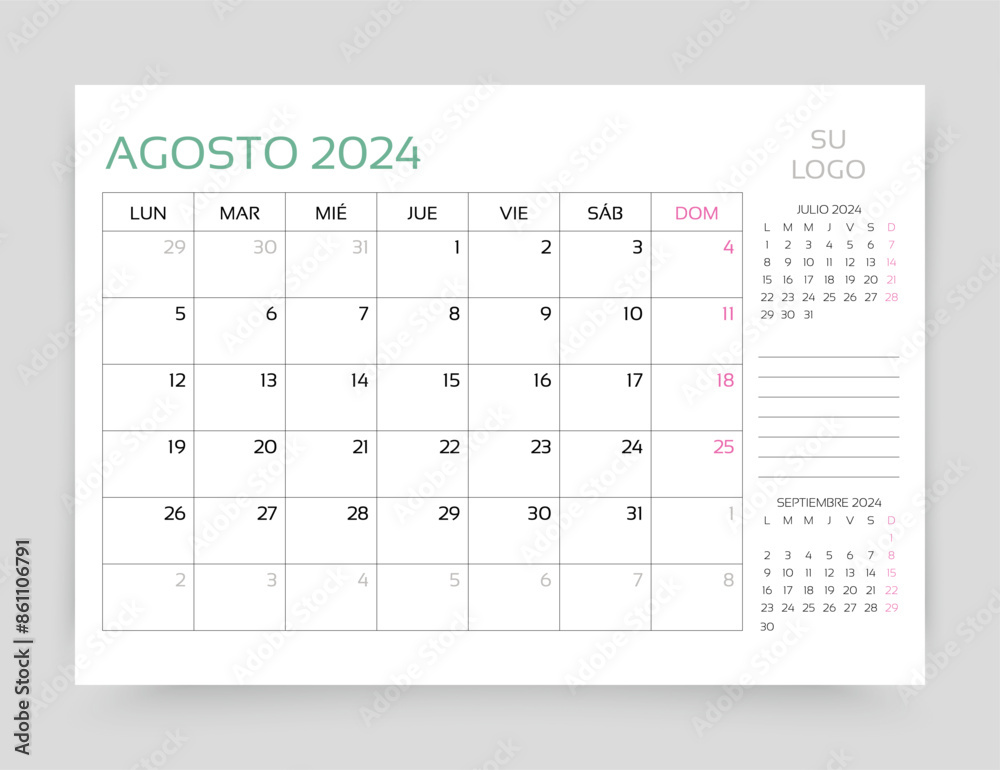 August 2024 year calendar in Spanish. Planner calender template. Week ...