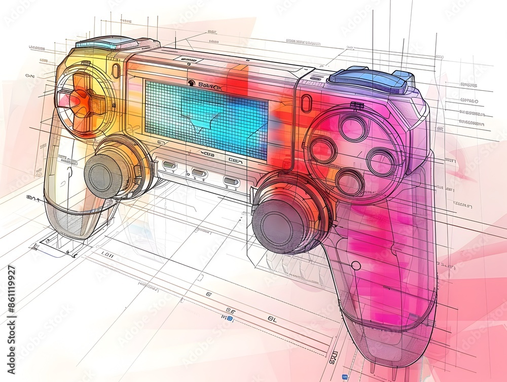 Detailed Schematic Drawing of a Colorful and Annotated Game Console ...