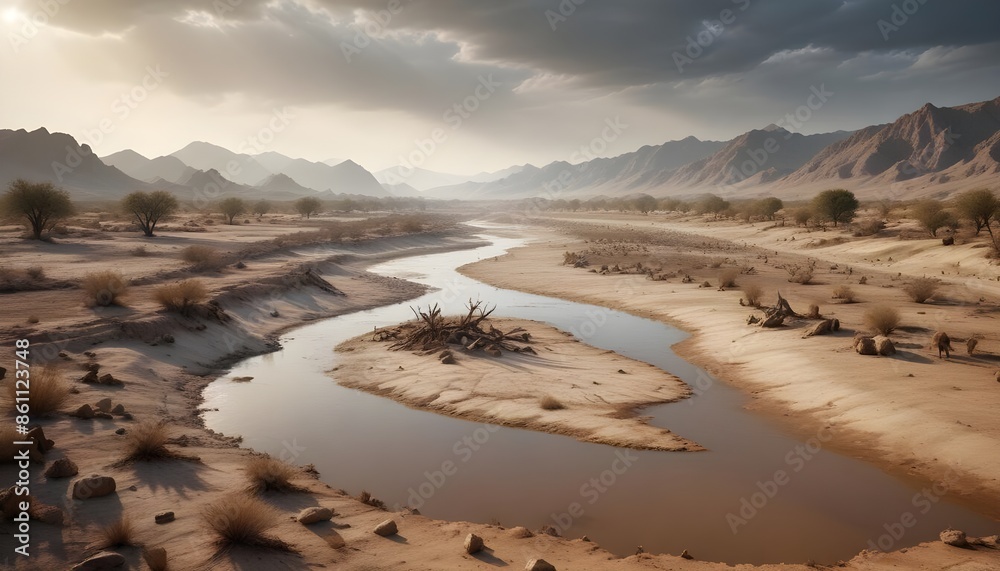 Climate change, cracked, dry desert landscape under a dramatic, fiery ...