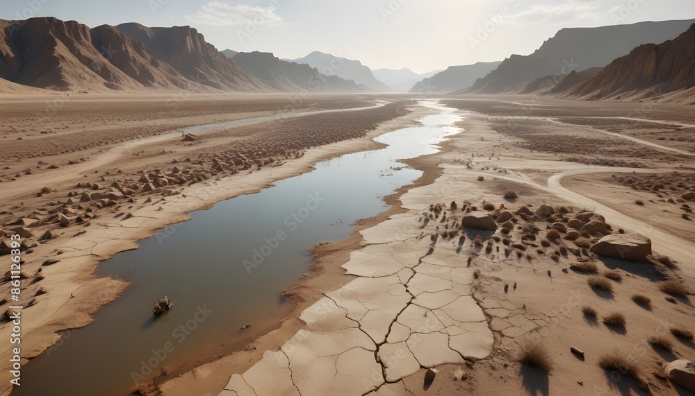 Climate change, cracked, dry desert landscape under a dramatic, fiery ...