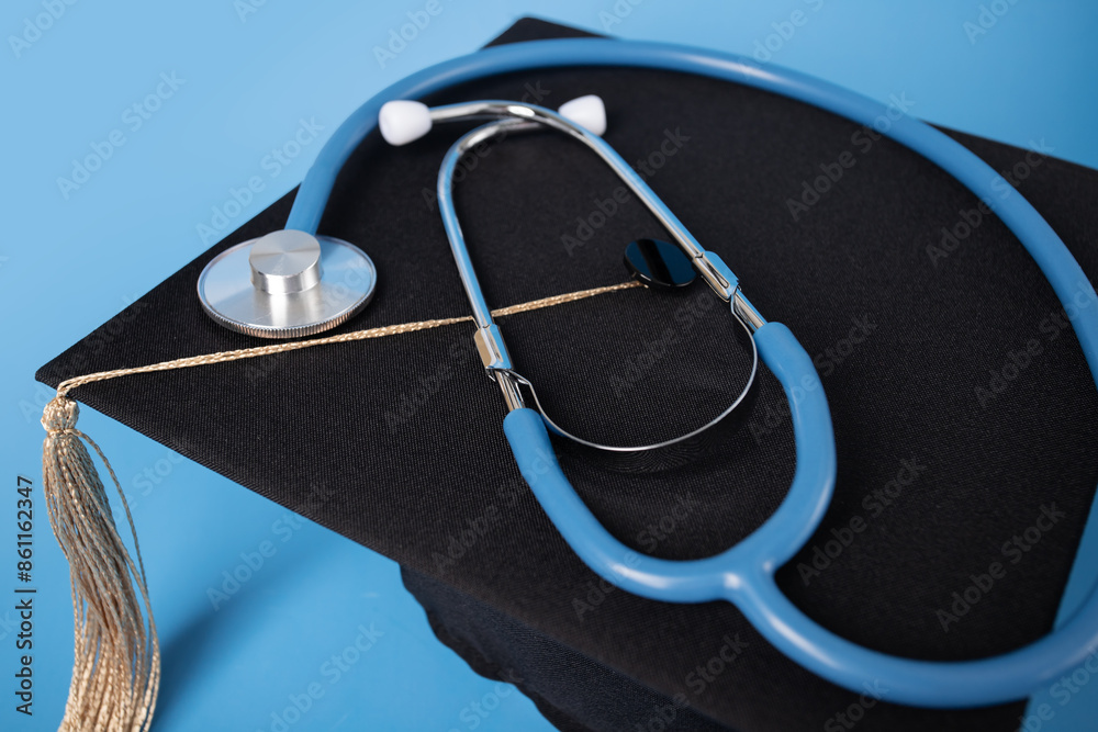 Medical education, graduation cap and doctor's stethoscope, university ...