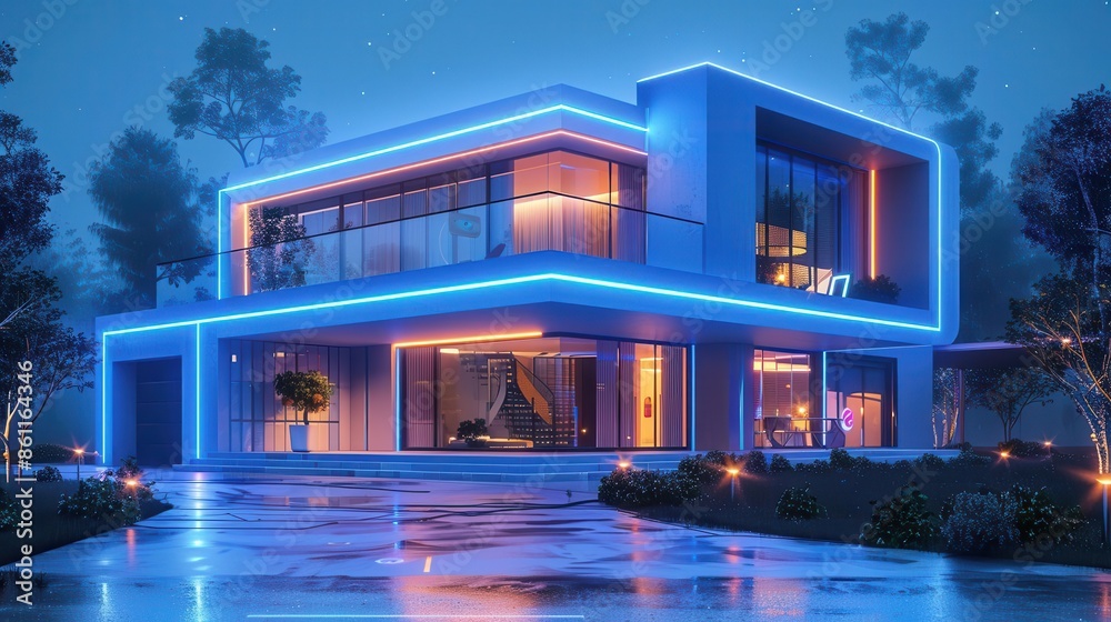 Smart home exterior with automated lighting system, voice control ...