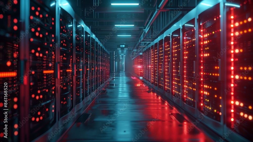 Cryptocurrency mining farm, rows of servers with rhythmic blinking ...