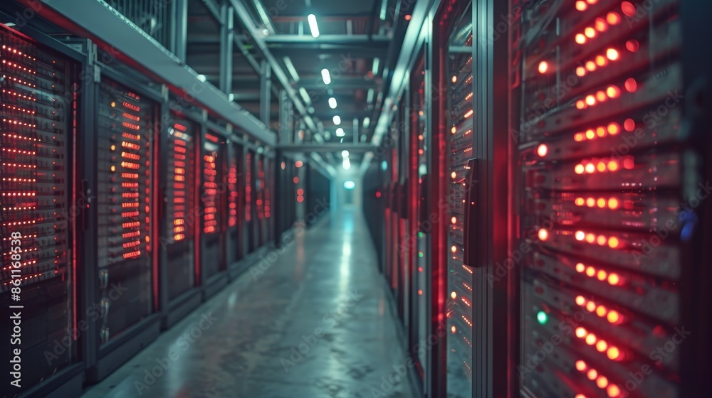 Cryptocurrency mining farm, rows of servers with rhythmic blinking ...