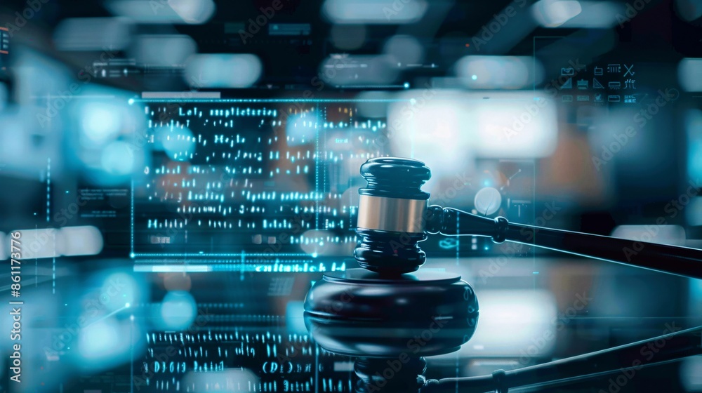 Against a backdrop of a modern, digital courtroom, a holographic ...