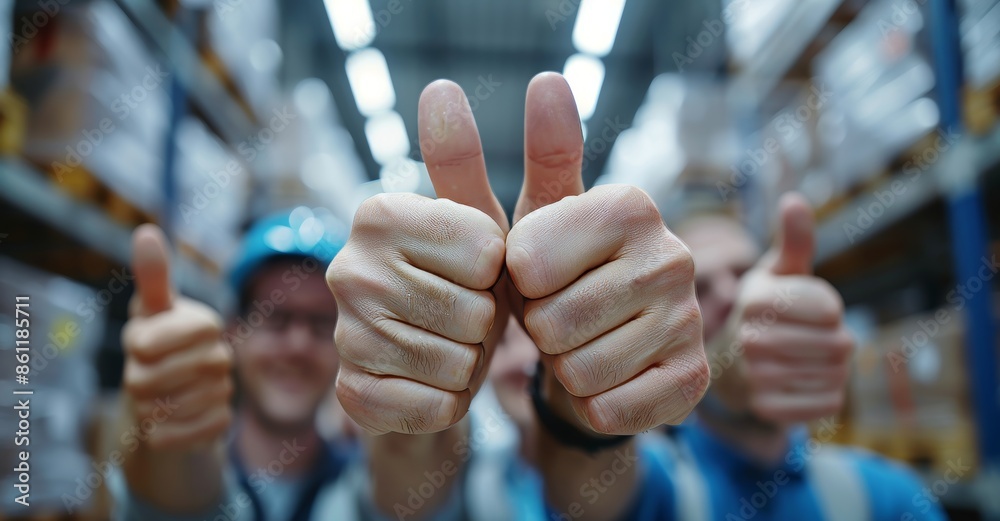 Hands and thumbs up in logistic warehouse, collaboration and ...