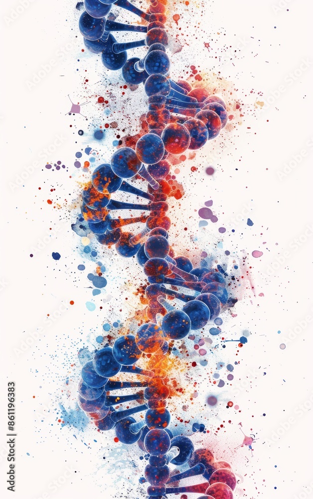 Abstract colorful DNA double helix with paint splatters. Science ...