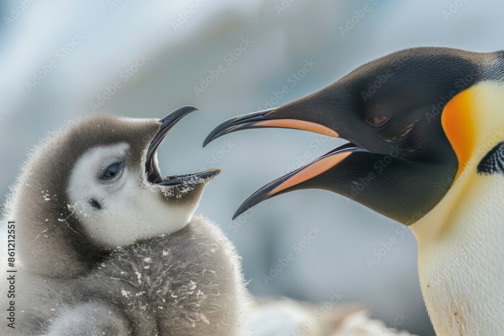 An Emperor penguin chick reaches up and opens its mouth to receive feed ...