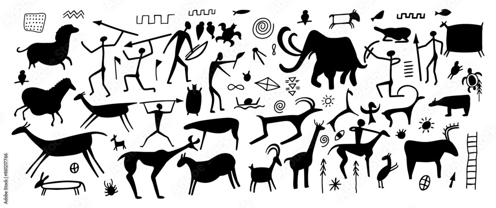 Cave painting on stone, ancient wall of prehistoric humans, animals ...