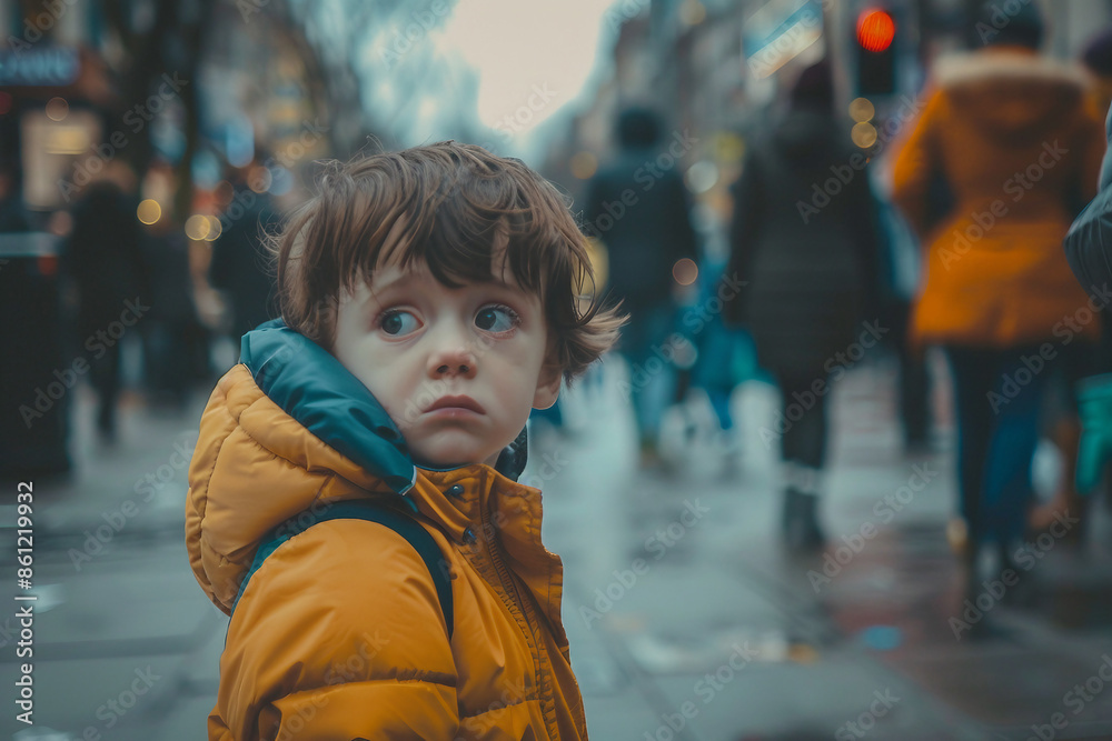 Poor little kid lost in big city forest woods airport street ...