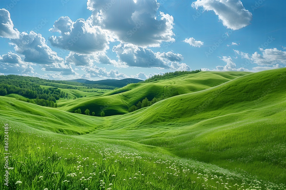 Green field and blue sky with clouds. Ladscape similar to desktop windows wallpapers. Nostalgia ...