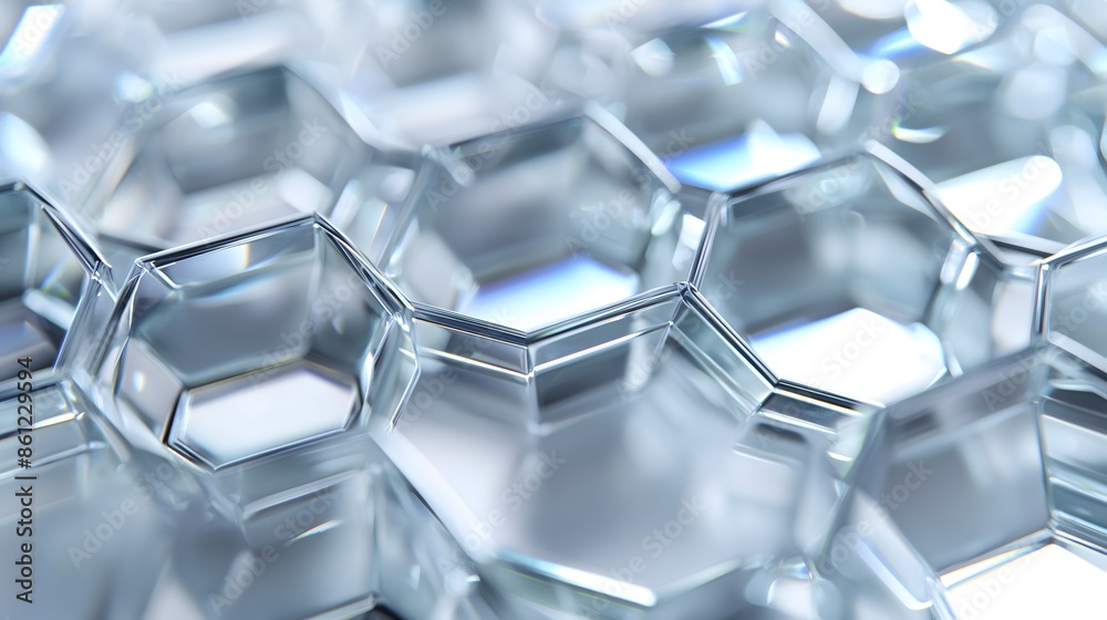 3. Design an intricate web of transparent hexagonal prisms, catching ...