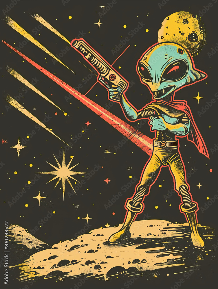 Retro 1960s 1950s style vintage space alien little green man with ray ...