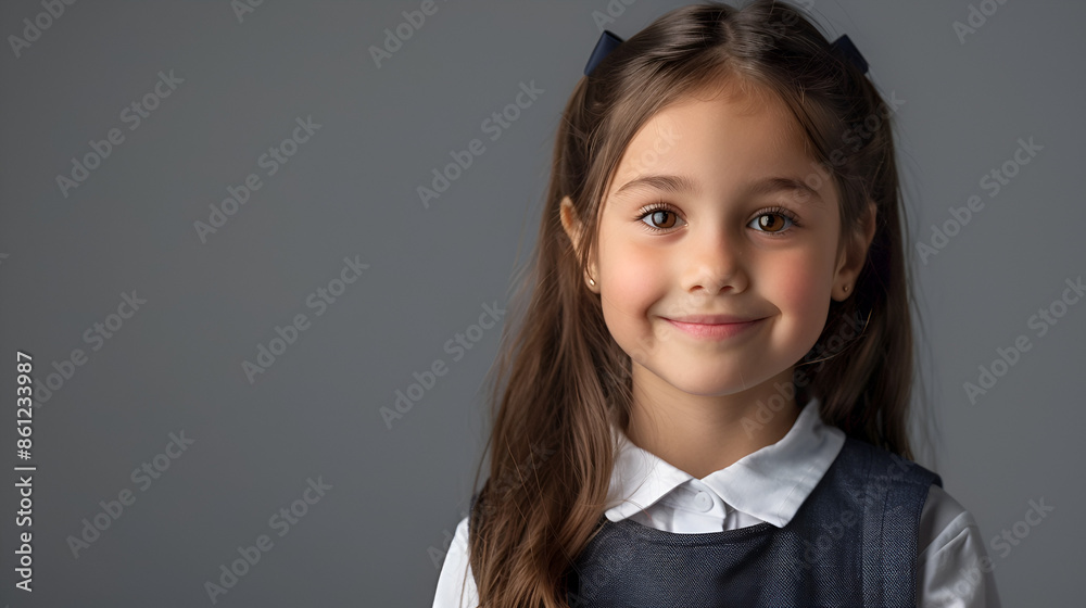Beautiful american girl elementary school photo in studio with solid ...